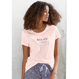 Pyjamaoberteil Vivance Dreams, Damen, Gr. 32/34, rosa (hellrosa), Single Jersey, Obermaterial: 100% Baumwolle, unifarben, Basic h&uuml;ftlang, Rundhals, abgesteppte Kante, Shirts, mit Statementdruck