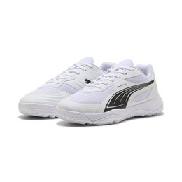Sneaker Puma "Solarflash III Hallensportschuhe Jugendliche", Kinder, Gr. 38, wei&szlig; schwarz, Obermaterial: Textil, Synthetik. Futter: Textil. Innensohle: Textil. Laufsohle: Gummi, Schuhe Sneaker
