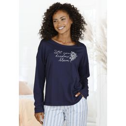 Pyjamaoberteil Vivance Dreams, Damen, Gr. 36/38, blau (marine), Single Jersey, Obermaterial: 50% Baumwolle, 50% Viskose, bedruckt, loose fit h&uuml;ftlang, Rundhals, eingesetzt, Shirts, mit Frontdruck
