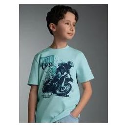 T-Shirt TRIGEMA "TRIGEMA T Shirt mit Printmotiv "Moto Cross", Jungen, Gr. 140, gletscher, Single Jersey, 100% Baumwolle, Basic, Rundhals, Shirts T-Shirt