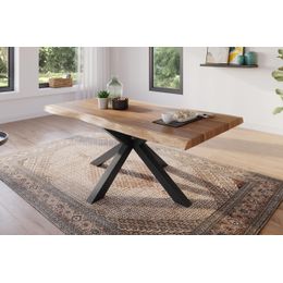 Esstisch 180 x 90 cm Akazie massiv natur Baumkantentisch Spider-Gestell schwarz ATLAS