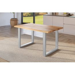 Esstisch 160x85 cm Baumkante Holz Wildeiche-Optik U-Gestell Metall silber JULIUS
