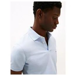 Poloshirt Tommy Hilfiger "1985 SLIM POLO mit Piqu&eacute;-Struktur und Stickerei", Herren, Gr. L, blau (breezy blau), Piqu&eacute;, Obermaterial: 96% Baumwolle, 4% Elasthan, Basic, slim fit, eingesetzt B&uuml;ndchen, Shirts, meliert, casual, slim fit, Baumwollmix, Polokragen