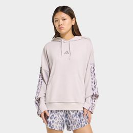 Kapuzensweatshirt adidas Sportswear "SEASONAL ESSENTIALS LEOPARDENPRINT FRENCH TERRY HOODIE MIT 3-STREIFEN", Damen, Gr. L, ice lila, multicolor, Obermaterial: 55% Baumwolle, 36% Polyester, 9% Viskose, angesetztes B&uuml;ndchen, Sweatshirts