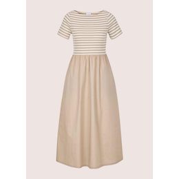 Madeleine Mode Midikleid MADELEINE "Jerseykleid Baumwollkleid mit Streifendetails", Damen, Gr. 46, N-Gr, beige (beige, wollwei&szlig;), Obermaterial: 95% Baumwolle CO. 5% Elasthan EL., Modern, A-Linie, U-Boot-Ausschnitt, Kleider Midikleid, Seitennahttaschen