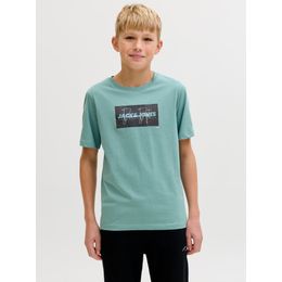 Jack & Jones T-Shirt JACK & JONES JUNIOR "JJCOLE PRINT TEE SS CREW NECK JNR", Jungen, Gr. 140, mineral blau, Single Jersey, Obermaterial: 100% Baumwolle, bedruckt, unifarben, regular fit normal, Rundhals, Shirts T-Shirt, mit Logoprint
