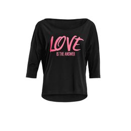 3/4-Arm-Shirt WINSHAPE "MCS001 ultra leicht", Damen, Gr. M, schwarz (schwarz, glitzer neon pink), 50% Modal, 50% Baumwolle, U-Boot-Ausschnitt, Shirts 3/4-Arm-Shirt, mit Neon pinkem Glitzer-Aufdruck