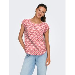 Shirtbluse Only "ONLVIC S/S AOP TOP NOOS PTM", Damen, Gr. 36, equestrian rot aop:warm tiles, Web, Obermaterial: 97% Polyester, 3% Elasthan, bedruckt, regular fit h&uuml;ftlang, Rundhals, Blusen, mit Allover Druck