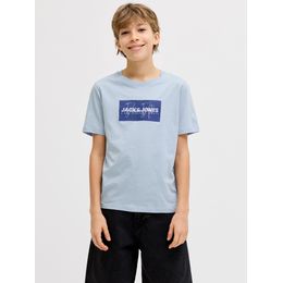 Jack & Jones T-Shirt JACK & JONES JUNIOR "JJCOLE PRINT TEE SS CREW NECK JNR", Jungen, Gr. 164, blau (celestial blau), Single Jersey, Obermaterial: 100% Baumwolle, bedruckt, unifarben, regular fit normal, Rundhals, Shirts T-Shirt, mit Logoprint