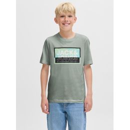 Jack & Jones T-Shirt JACK & JONES JUNIOR "JCOLOGAN SS24/25 TEE SS CREW NECK JNR", Jungen, Gr. 128, aqua gray, Single Jersey, Obermaterial: 100% Baumwolle, bedruckt, regular fit normal, Rundhals, Shirts T-Shirt