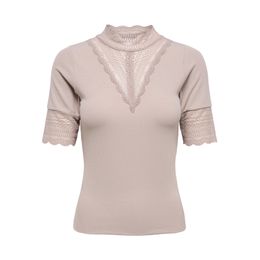 Spitzenshirt Only "ONLTILDE HIGHNECK S/S TOP JRS NOOS", Damen, Gr. M, beige (etherea), Jersey, Obermaterial: 95% Viskose, 5% Elasthan, unifarben, slim fit normal, hoch geschlossener Ausschnitt, Shirts