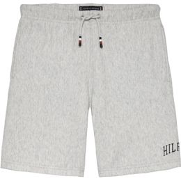 Sweatshorts Tommy Hilfiger "HILFIGER VARSITY WIDE SWEATSHORT", Jungen, Gr. 8 (128), N-Gr, light grau heather, Web, Obermaterial: 80% Baumwolle, 20% Polyester, meliert, regular fit kniefrei, Hosen Sweatshorts, Kinder bis 16 Jahre, regular fit