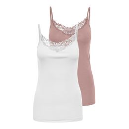 Longtop Only "ONLLULU LACE SINGLET 2PACK CS JRS", Damen, Gr. XS, adobe rose pack:wei&szlig;, Jersey, Obermaterial: 100% Baumwolle, unifarben, h&uuml;ftlang, V-Ausschnitt, Tops