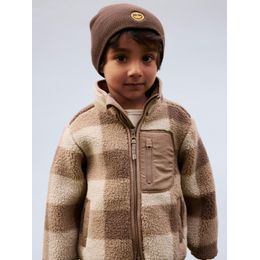 Fleecejacke name it "NMMMONICO SHERPA JACKET CHECK", Jungen, Gr. 92, fossil, Fleece, Obermaterial: 100% Polyester, kariert, Basic normal, Jacken Fleecejacke