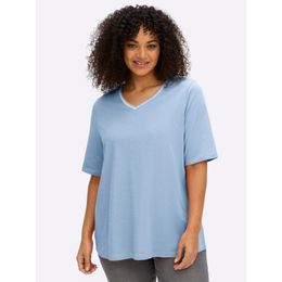 sheego Gro&szlig;e Gr&ouml;&szlig;en V-Shirt mit Glitzergarn-Streifen, eisblau, Gr&ouml;&szlig;e 44/46 - Damen