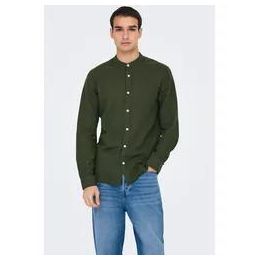Only & Sons Langarmhemd ONLY & SONS "ONSCAIDEN LS SOLID LINEN MAO SHIRT NOOS", Herren, Gr. L, N-Gr, gr&uuml;n (kambaba), Web, Obermaterial: 55% Baumwolle, 45% Leinen, unifarben, slim fit, Rundhals, 2-Knopf-Manschette, Hemden