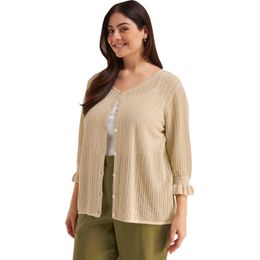 sheego Gro&szlig;e Gr&ouml;&szlig;en Ajourstrickjacke mit Glanzgarn-Effekt, champagner-goldfarben, Gr&ouml;&szlig;e 44/46 - Damen