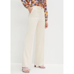 Anzughose bonprix, Damen, Gr. 54, N-Gr, kieselbeige, Web, Obermaterial: 66% Polyester, 33% Viskose, 1% Elasthan, regular fit, Hosen Anzughose, mit Elasthan-Anteil, Regular Fit, Flared Schnitt, eleganter Stil