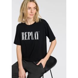 T-Shirt Replay, Damen, Gr. L, schwarz, Single Jersey, Obermaterial: 100% Baumwolle, bedruckt, unifarben, regular fit normal, Rundhals, abgesteppte Kante, Shirts T-Shirt, aus Baumwolle, Rundhals