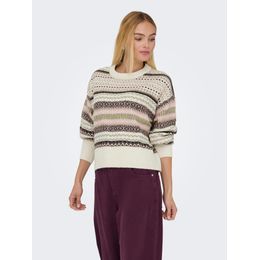 Strickpullover Only "ONLARIANNE L/S PULLOVER KNT NOOS", Damen, Gr. XL, pumice stone detail:jaquard, Strick, Obermaterial: 96% Polyester, 4% Elasthan, gestreift, regular fit h&uuml;ftlang, Rundhals, Rippb&uuml;ndchen, Pullover Strickpullover
