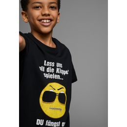 T-Shirt Kidsworld "Mit Spruch: LASS UNS: HALT DIE KLAPPEN SPIELEN", Jungen, Gr. 176/182, schwarz, Jersey, Obermaterial: 100% Baumwolle, bedruckt, Basic, Rundhals, Shirts T-Shirt, Kurzarm, Basic-Passform, mit trendigen Statements und Spr&uuml;chen, Topseller