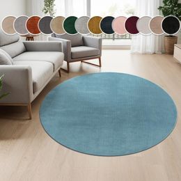 Paco Home Teppich &raquo;Cadiz 630&laquo; rund 14 mm H&ouml;he Kurzflor, Uni-Farben, besonders weich, waschbar, Wohnzimmer blau Polyester
