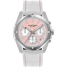 Jacques Lemans Damen Chronograph &raquo;Monte Carlo&laquo; Quarzuhr, Armbanduhr, Damenuhr, Datum, Stoppfunktion, Lederarmband wei&szlig;