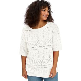 sheego Damen Kurzarmpullover aus Ajourstrick ecru Gr&ouml;&szlig;e 44/46