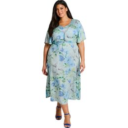 sheego Damen Blumenkleid mit Fl&uuml;gel&auml;rmeln und Knotendetail kalkmint-bleu-bedruckt Gr&ouml;&szlig;e 46