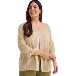 sheego Damen Ajourstrickjacke mit Glanzgarn-Effekt champagner-goldfarben Gr&ouml;&szlig;e 40/42
