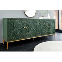Riess Ambiente Massives Sideboard PEACOCK 175cm gr&uuml;n Mangoholz antik 3D Schnitzerei Pfau-Design Riess-Ambiente Modern Vintage