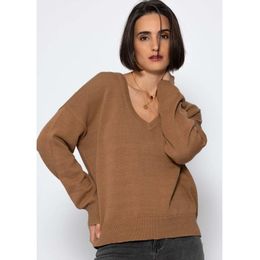 SASSYCLASSY Oversize Baumwoll-Pullover mit tiefem V-Ausschnitt in Braun | Gr.: M