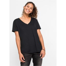 T-Shirt bonprix, Damen, Gr. 40/42 (M), schwarz, Obermaterial: 65% Polyester, 35% Viskose, loose fit, Shirts T-Shirt, lockere Passform, Kurzarm-Design, V-Ausschnitt