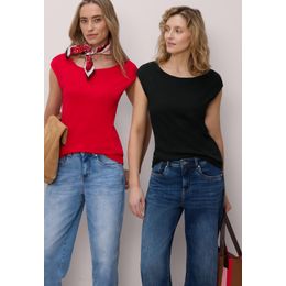 Street One Damen T-Shirtschwarz, salsa rot, Gr. 40, unifarben, Web, 50% Baumwolle, 50% Modal, Shirts, mit U-Boot-Ausschnitt
