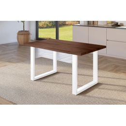 Esstisch 160x85 cm Baumkante Holz Nussbaum-Optik U-Gestell Metall wei&szlig; JULIUS