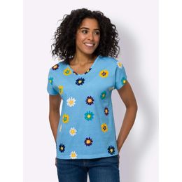 Kurzarmshirt Classic Basics "V-Shirt", Damen, Gr. 42, blau (aqua, wei&szlig;, bedruckt), 100% Baumwolle, gebl&uuml;mt, gemustert, mehrfarbig, V-Ausschnitt, Shirts