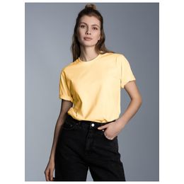 T-Shirt TRIGEMA "TRIGEMA T-Shirt DELUXE Baumwolle", Damen, Gr. L, vanille, Single Jersey, 100% Baumwolle, Basic, lang, Rundhals, Shirts T-Shirt