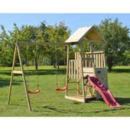 WENDI TOYS Holz-Spielturm 'Flamingo' natur Rutsche, Kletterwand, 2 Schaukeln und Picknicktisch 280 x 340 x 270 cm