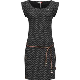 Ragwear Damen Jerseykleid "Tag Zig Zag", schwarz, Gr. XS, 100% Baumwolle, Kleider, stylisches Shirtkleid mit coolem Print u. Bindekordel