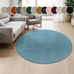 Teppich Paco Home, H:14mm &Oslash;:200cm, blau, Polyester, Wohnzimmer, Teppiche, "Cadiz 630", Kurzflor, Uni-Farben, besonders weich, waschbar, Wohnzimmer