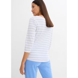 bonprix Damen T-Shirt, wei&szlig;, Gr. 44, geringelt, gestreift, Jersey, Obermaterial: 95% Baumwolle, 5% Elasthan, Shirts, bequeme Passform, 3/4-&Auml;rmel, f&uuml;r