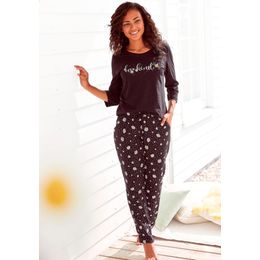 Damen Pyjama, VIVANCE DREAMS BY LASCANA, Gr. 44, schwarz, Single Jersey, Obermaterial: 100% Baumwolle, gebl&uuml;mt, Basic, Homewear-Sets, mit