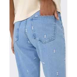 Only Damen Straight-Jeans "ONLEMILY HW STRETCH EMB STRA ANK DNM AZG", blau, Gr. 25, Destroyed-Effekte, Denim/Jeans, Obermaterial: 99% Baumwolle, 1%