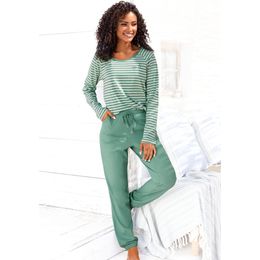 Damen Pyjama, VIVANCE DREAMS BY LASCANA, Gr. 44, gr&uuml;n, Single Jersey, Obermaterial: 100% Baumwolle, bestickt, gestreift, Basic, Homewear-Sets, mit
