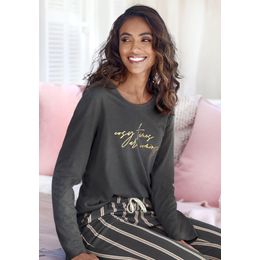 Lascana Damen Pyjamaoberteil, Gr. 40, grau, Single Jersey, Obermaterial: 50% Baumwolle, 50% Viskose, unifarben, Basic, Shirts, mit Folienprint