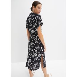 bonprix Damen Blusenkleidschwarz, wei&szlig; floral, Gr. 48, Web, Obermaterial: 100% Viskose, Kleider, feminin geschnitten, mit Hemdblusenkragen, Kurzarm,