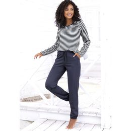 Damen Pyjama, VIVANCE DREAMS BY LASCANA, Gr. 52, blau, Single Jersey, Obermaterial: 100% Baumwolle, bestickt, gestreift, Basic, Homewear-Sets, mit