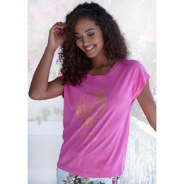 Lascana Damen Pyjamaoberteil, Gr. 40, pink, Single Jersey, Obermaterial: 50% Baumwolle, 50% Viskose, unifarben, Basic, Shirts, mit Folienprint