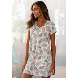 Lascana Damen Sleepshirt, Gr. 32, beige, Single Jersey, Obermaterial: 100% Baumwolle, bedruckt, Basic, Kleider, mit Palmen-Print