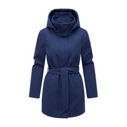 Marikoo Damen Kurzmantel "Katalinaa", blau, Gr. XL, 90% Polyester, 10% Viskose, M&auml;ntel, Eleganter Wickel Mantel mit Tailleng&uuml;rtel und Oversized Hood